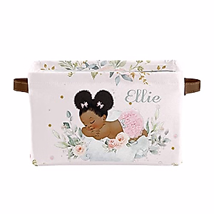 Princess Girl Pink Floral Personalized Storage Bins,Foldable Baskets Organizer with Handle for Nursery Pet Toy Clothes Box 1 Pack