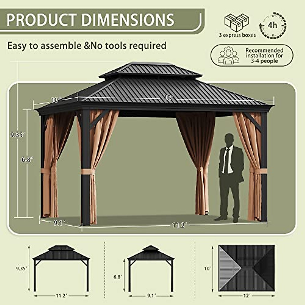 Greesum 10'x12' Hardtop Metal Gazebo, Outdoor Galvanized Steel Double Roof Canopy, Aluminum Frame Permanent Pavilion with Netting and Curtains for Patio, Backyard, Deck and Lawns
