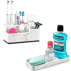 Vitviti Toothbrush Holder for Bathroom, Bathroom Storage Vanity Tray, Resin Soap Tray Counter Organizer, Sponge Holder for Soap Dispenser/Kitchen Sink, White Marble Look