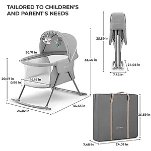 Kinderkraft LOVI Travel Bassinet for Baby in Grey, Portable Folding Baby Bed with Built-in Mosquito net, Adjustable Hood and an Additional Cradle Function