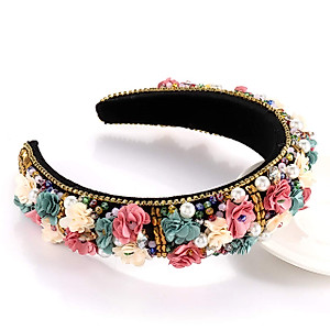 CENAPOG Baroque Crystal Rhinestone Headbands Flower Padded Hairbands for Women Girls Pearl Colorful Bead Embellished Headbands Bejewelled Wide Velvet Hair Hoop for Wedding Bridal Parties (flower)