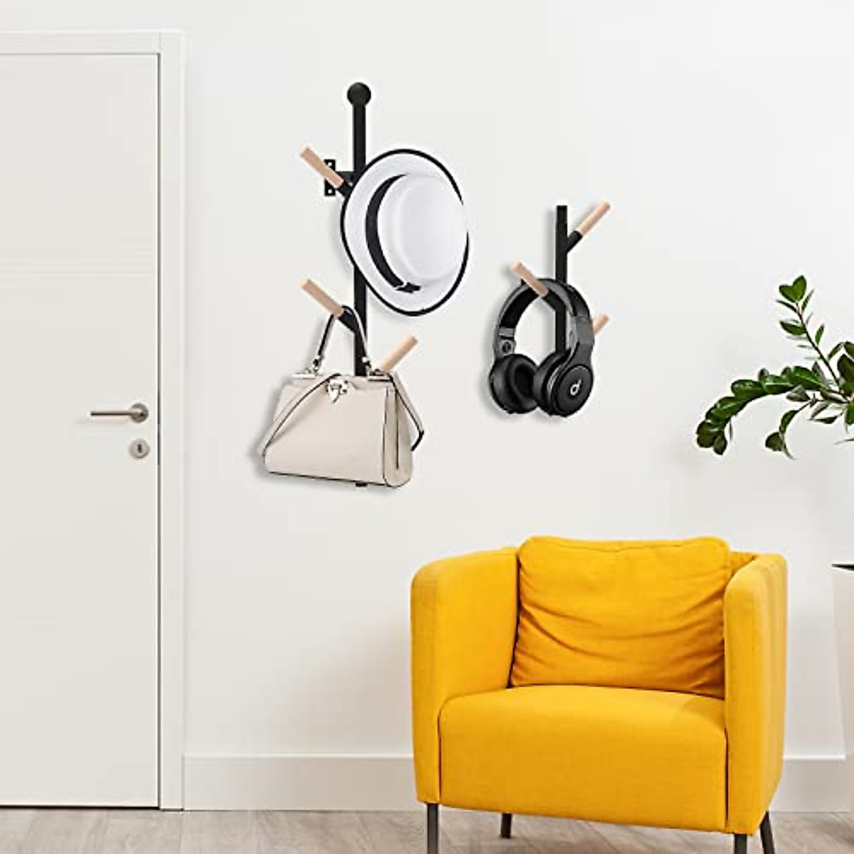 X-cosrack Wall Mounted Coat Rack Splicable Metal & Wood Hat Hanger Rack with 8 Hooks, 3-in-1 Tree Hanger Organizer for Coat Bag Scarves Clothes for Entryway Hallway Bedroom