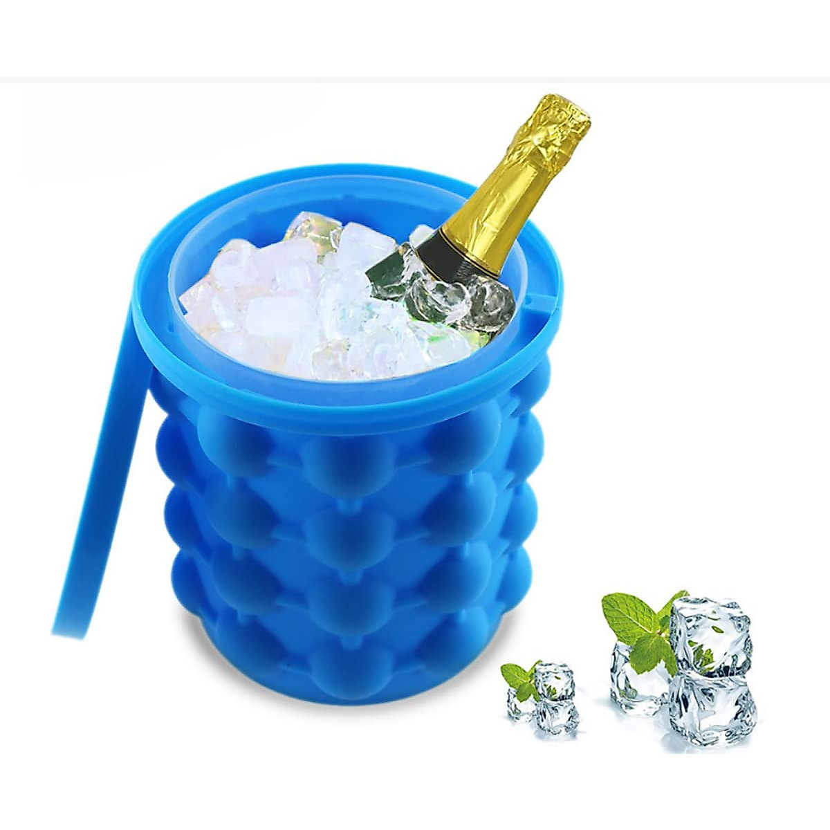 2 in 1 Silicone Ice Bucket and Ice Mold with Lid for Freezing Whiskey, Cocktails, Drinks, Portable Silicone Ice Maker (Blue)
