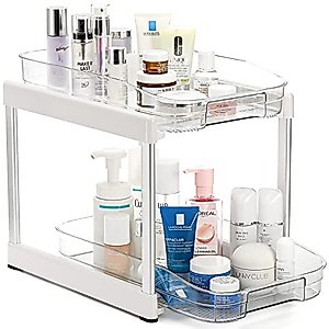 Peohud 2-Tier Under Sink Organizer, Double Sliding Cabinet Basket Organizer Drawer, Easy Access Pull Out Bathroom Vanity Counter Tray, Multi-purpose Storage Bins Rack for Kitchen Office Pantry Dorm