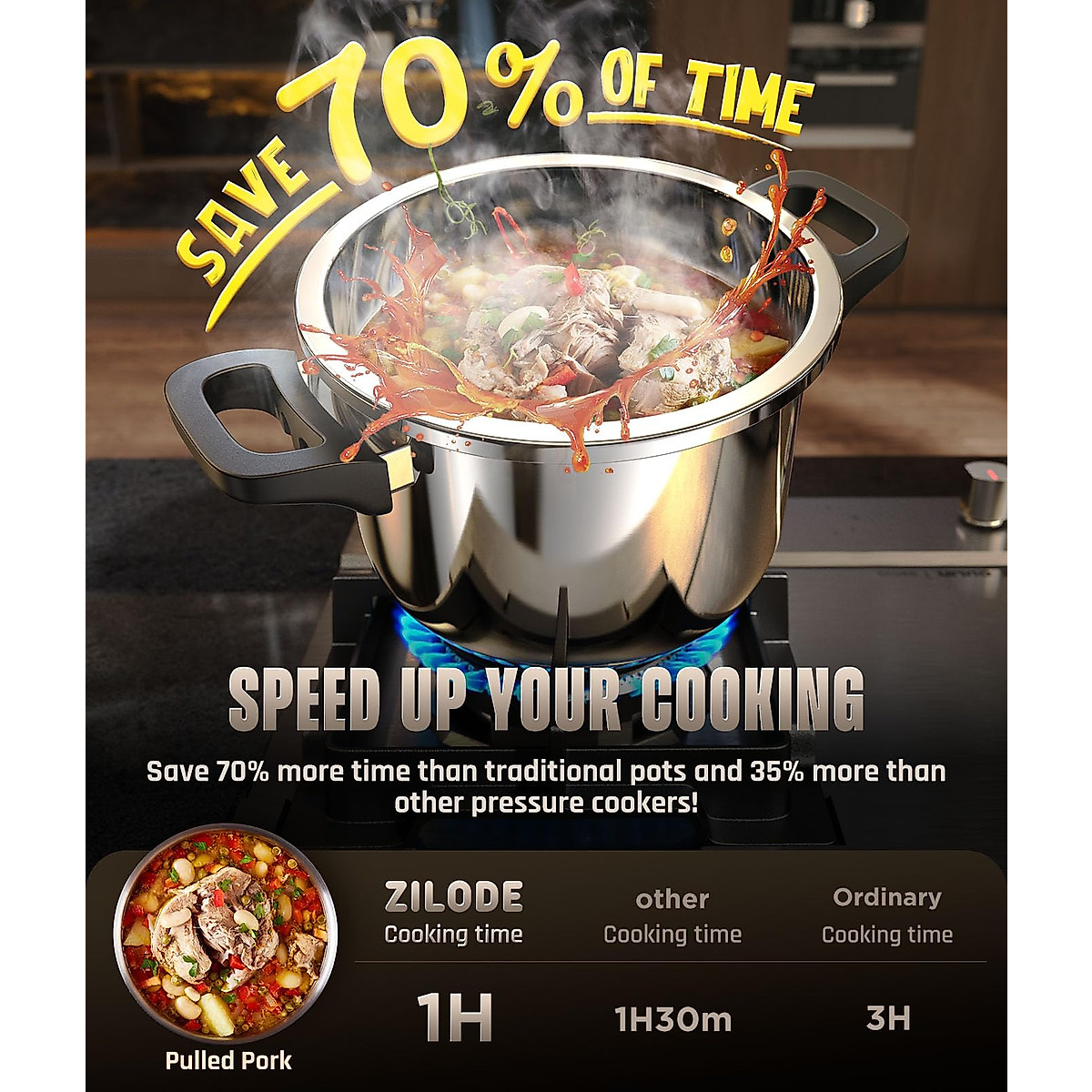 18/8 Stainless Steel Pressure Cooker 10 QT, [Save 70% Cooking Time] Olla De Presion with Food-Grade Body [One Hand Operation] Rotating Lock/Unlocking Lid System, Steam Rack Included