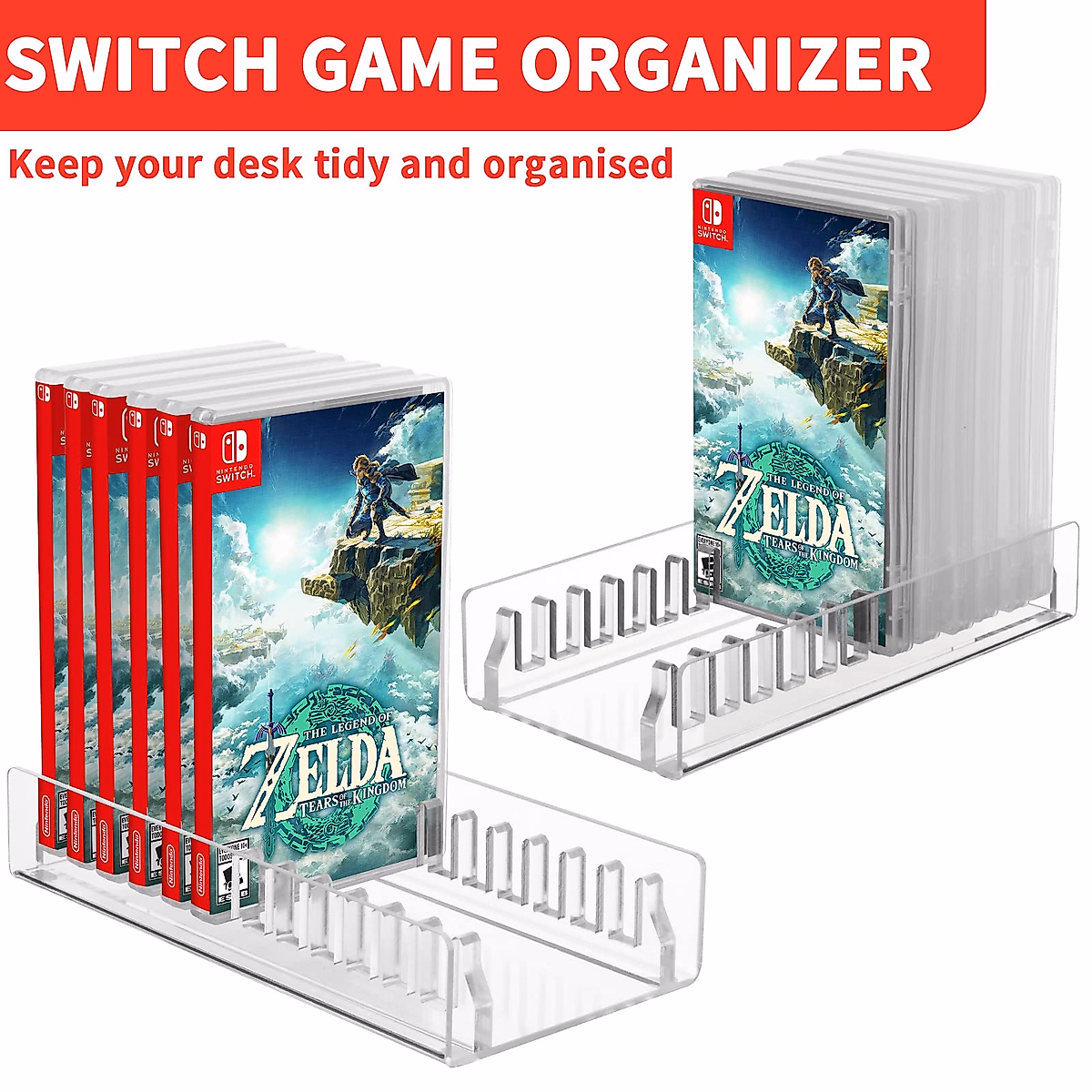 CaSZLUTION Acrylic Game Storage Organizer Stand Compatible with Nintendo Switch Game Card Case, Upgraded Switch Game Display Holder Fits up to 12 Games Box - Clear