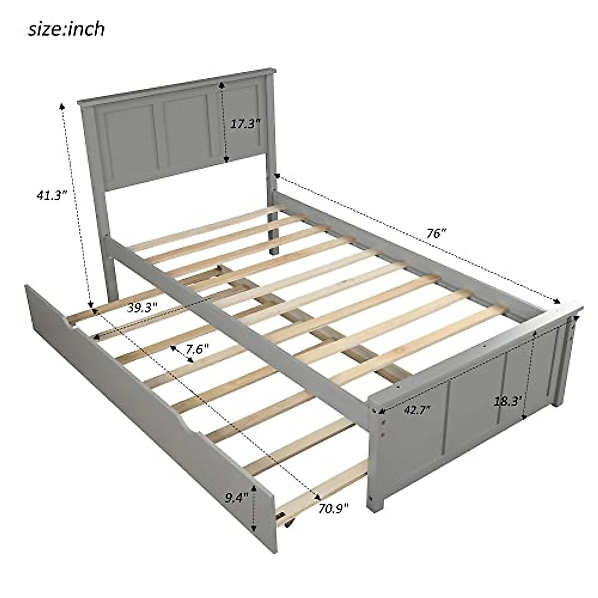 Merax Twin Size Platform Bed with Trundle, Twin Bed Frame with Headboard/Mattress Foundation/Strong Slat Support/No Box Spring Needed, Grey