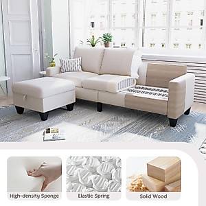 Lonkwa 78'' Convertible Sectional Sofa Couch, Beige 3 Seat L-Shaped Couch with Storage Ottoman, Modern Linen Fabric Couches for Living Room, Apartment, Office, Small Space