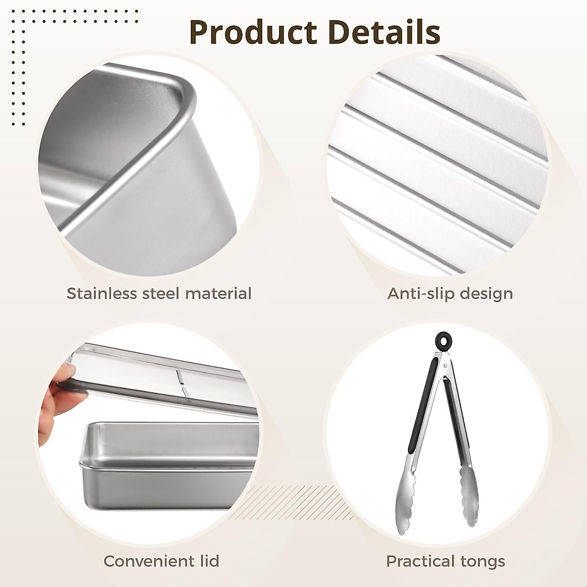 OMISTAR 6PCS Bacon Cheese Containers, 4 Sizes Stainless Steel Airtight Meat Containers, Dishwasher Safe Fridge Storage Containers for Fruit Lunch Storage with Lids Tongs