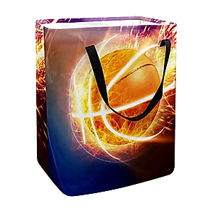 Burning Basketball Glowing Lights Print Collapsible Laundry Hamper, 60L Waterproof Laundry Baskets Washing Bin Clothes Toys Storage for Dorm Bathroom Bedroom