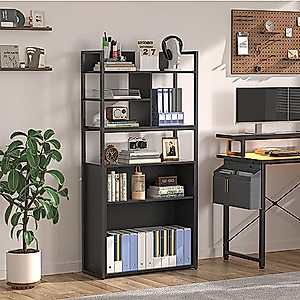 armocity Black Industrial Bookshelf, 6 Tier Tall Bookshelves Wood Metal Frame Standing Bookcase, Display Book Shelf with Adjustable Storage Shelves for Home Office, Living Room, Bed Room, Black