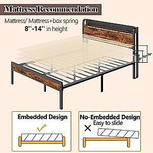 Furnulem Queen Bed Frame with LED Lights,Industrial Storage Headboard with Power Outlet and USB Port,Wood Platform with Strong Metal Support,No Box Spring Needed, Noise Free