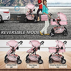 Kinder King 2 in 1 Convertible Baby Stroller, Folding High Landscape Infant Carriage, Newborn Reversible Bassinet Pram, Adjustable Canopy, Diaper Bag, Anti-Shock Toddler Pushchair Stroller, Pink