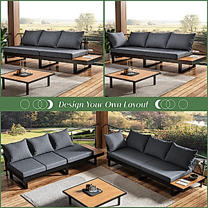 LUXOAK 3-Piece Patio Furniture Sets, Outdoor Aluminum Furniture Sofa, with Wood Side Table & Washable Cushions（Adjustable Backrest）