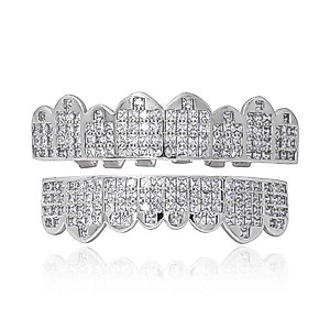 Psivika Diamond Grills Gold Plated Shiny Hip Hop Teeth Grillz Caps Iced Out CZ Top and Bottom Vampire Fangs Grillz for Men and Women (Silver)