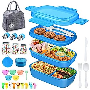 LEITAO 29 Packs Bento Box Kids Adult Lunch Box Container, 1900ML 3 Layer Stackable Lunch Box for Adults/Kids, Multiple Compartments Bento Box With Built-in Utensil Set, DIY Accessories, Bags (Black)