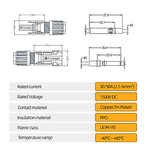 Trisinger Solar Panel Cable Connector, IP68 Waterproof, 1500V 70A Tinned Copper Pins, 5 Pairs with 2 Spanners(for 8awg)