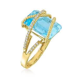 Ross-Simons 9.25 Carat Sky Blue Topaz and .15 ct. t.w. Diamond Crisscross Ring in 14kt Yellow Gold. Size 7