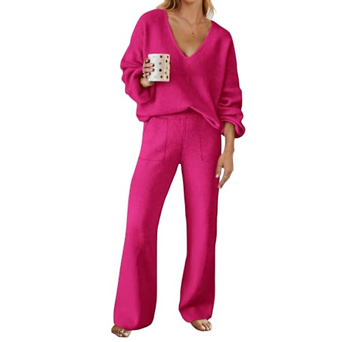 MEROKEETY Women's 2 Piece Outfits Long Sleeve V Neck Knit Pullover Tops and Wide Leg Pant Lounge Set,Rose,M