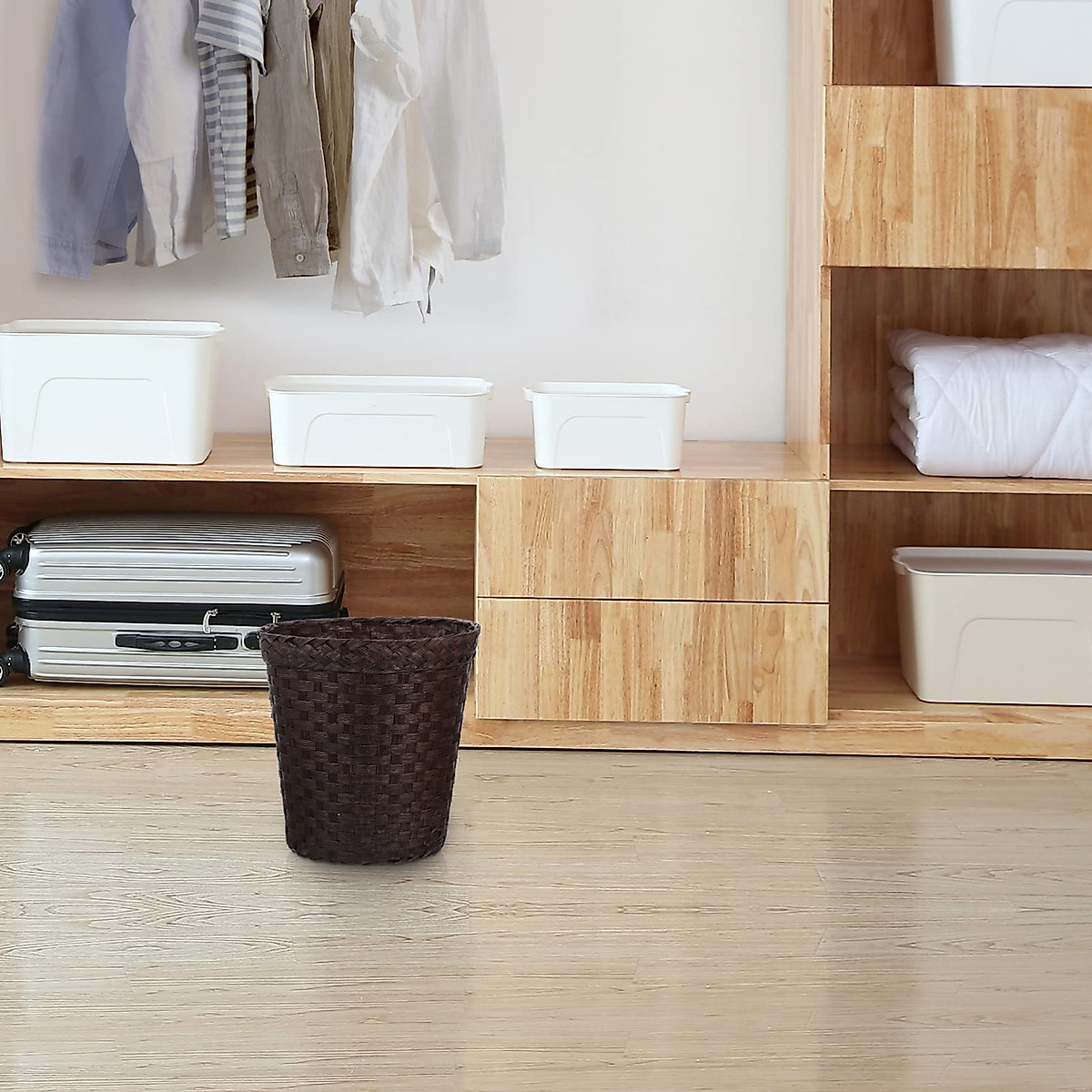 Healvian Home Decor Woven Waste Basket Paper Wicker Trash Can Round Wastebasket Garbage Bin for Bathroom Essentials Sundries Laundry Storage Basket Coffee Laundry Basket