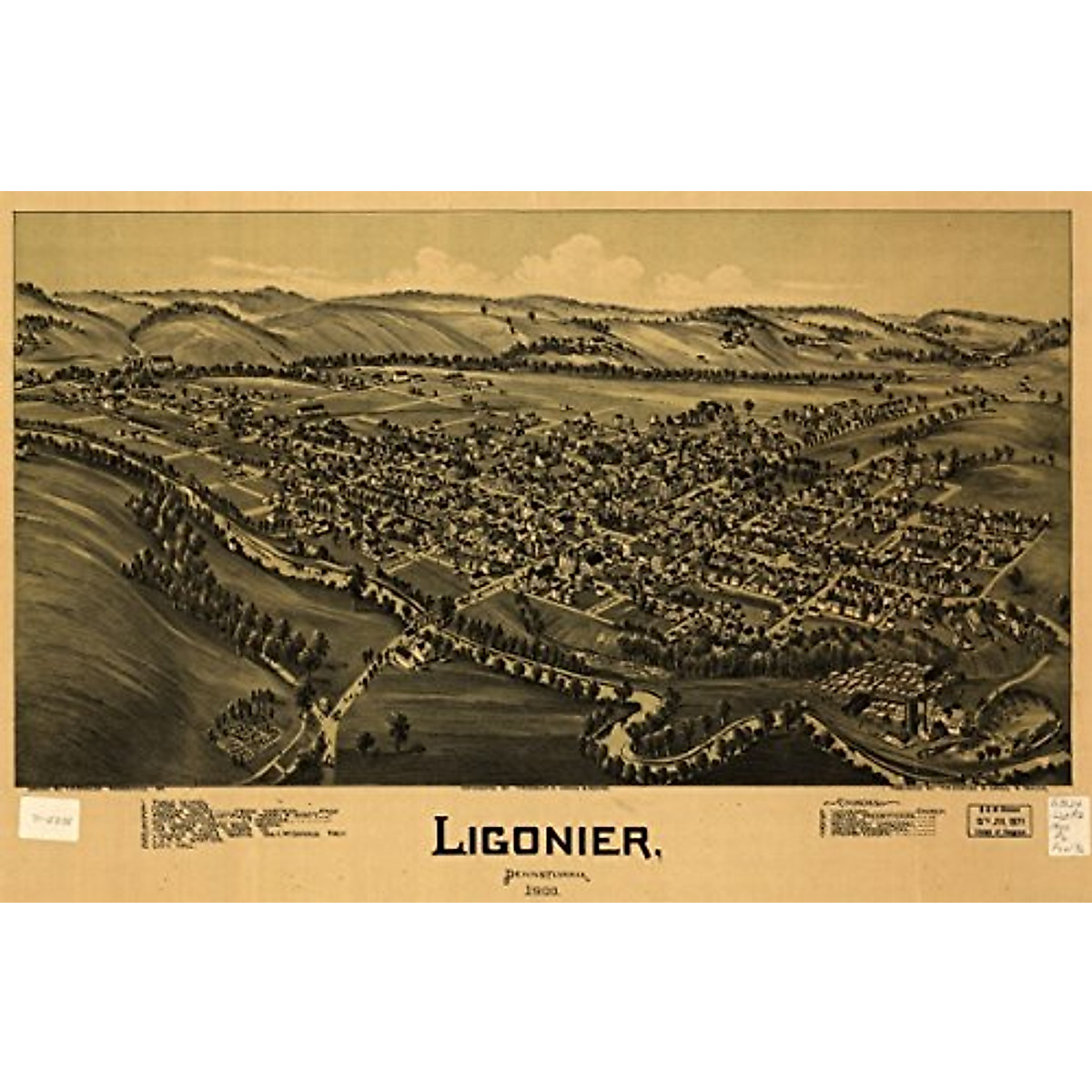 INFINITE PHOTOGRAPHS 1900 Ligonier Pennsylvania, Bird's Eye Map Ligonier, Pennsylvania 1900 / Drawn b