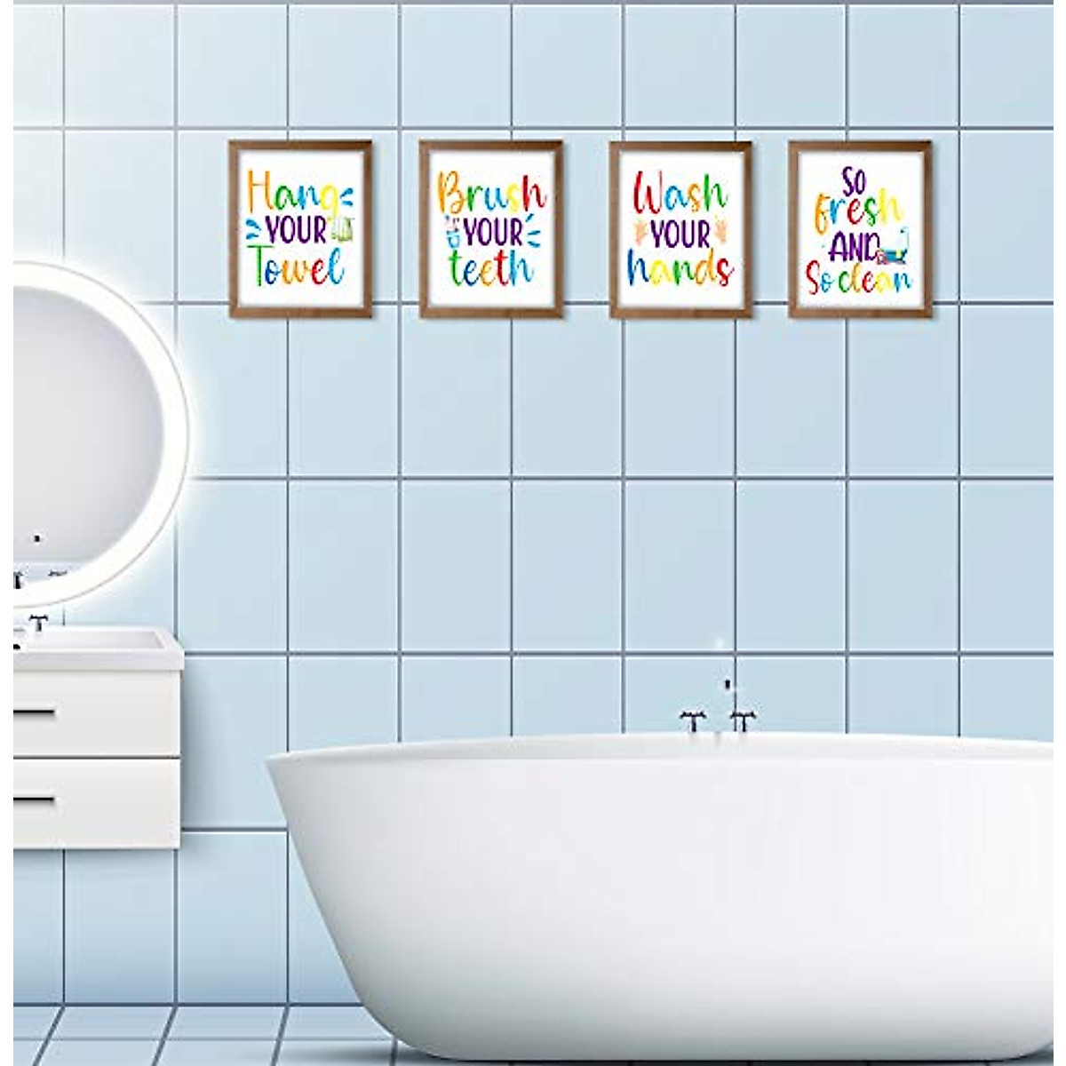 WhatSign Funny Bathroom Quote Art Print, Kids Bathroom Decor,Farmhouse Bathroom Decor,Bathroom Rules Typography,Signs & Rules Decorations ,Set of 4, 8" x 10", Unframed