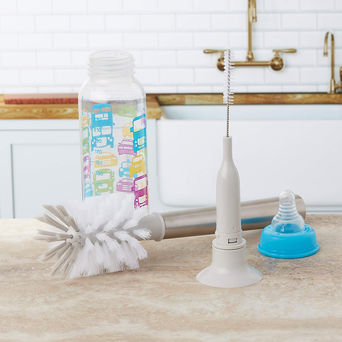 Parents Choice 3-in-1 Stainless Bottle Brush - Bottle, Straw, Nipple Cleaner - Soft Nylon Bristles, White