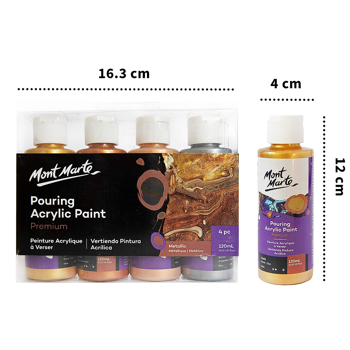 Mont Marte Premium Acrylic Pouring Paint Set, Metallic, 4 x 4oz (120ml) Bottles, Pre-mixed Acrylic Paint, Suitable for a Variety of Surfaces Including Stretched Canvas, Wood, MDF and Air Drying Clay.