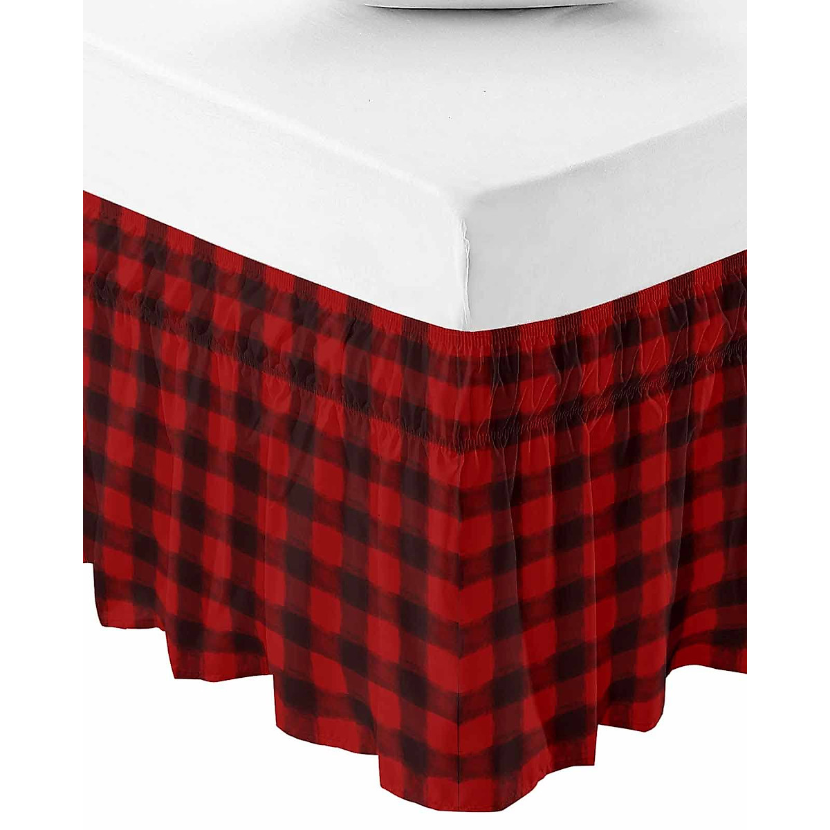 Red Black Plaid Bed Skirt Queen Size 16 Inch Drop, Adjustable & Elastic Wrap Around Bed Skirts Pleated Luxury Dust Ruffles for Twin Full Queen Cal King Base Bed, Christmas Farmhouse Rustic Checkered