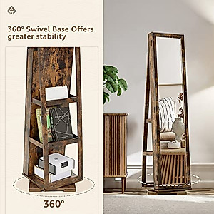 SERWALL 360 Rotating Jewelry Stand Organizer - Jewelry Armoire with Full-Length Mirror- Freestanding Dressing Mirror Jewelry Cabinet Storage - RUSTIC BROWN