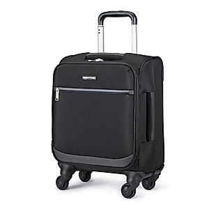 Amazon Basics Luggage, 18" Small Carry-On Softside Suitcase With Wheels, With Four 360-Degree Multi-directional Spinner Wheels, Expandable Space, Zippered Pocket and Straps, Telescopic Handle, Black