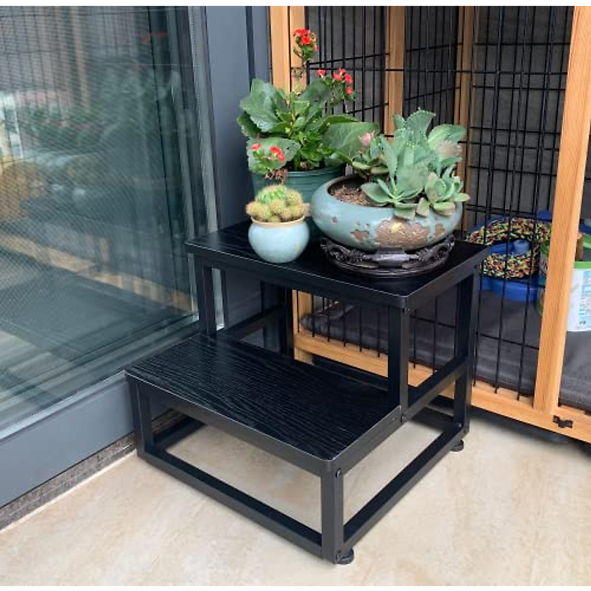 SZLHANJZ Step Stools for Adults & Kids, Bed Steps for High Beds for Adults, Multi-Purpose Metal and Wooden Step Stool with Round Corner, 2 Steps Bedside Kitchen Toilet Stool Hold Up to 500 LB, Black