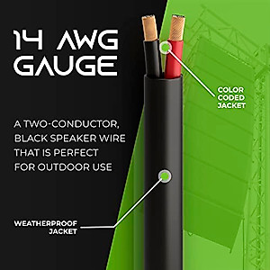 GearIT 14/2 Speaker Wire (100 Feet) 14 Gauge (Copper Clad Aluminum) - Outdoor Direct Burial in Ground/in Wall / CL3 CL2 Rated / 2 Conductors - CCA, Black 100ft