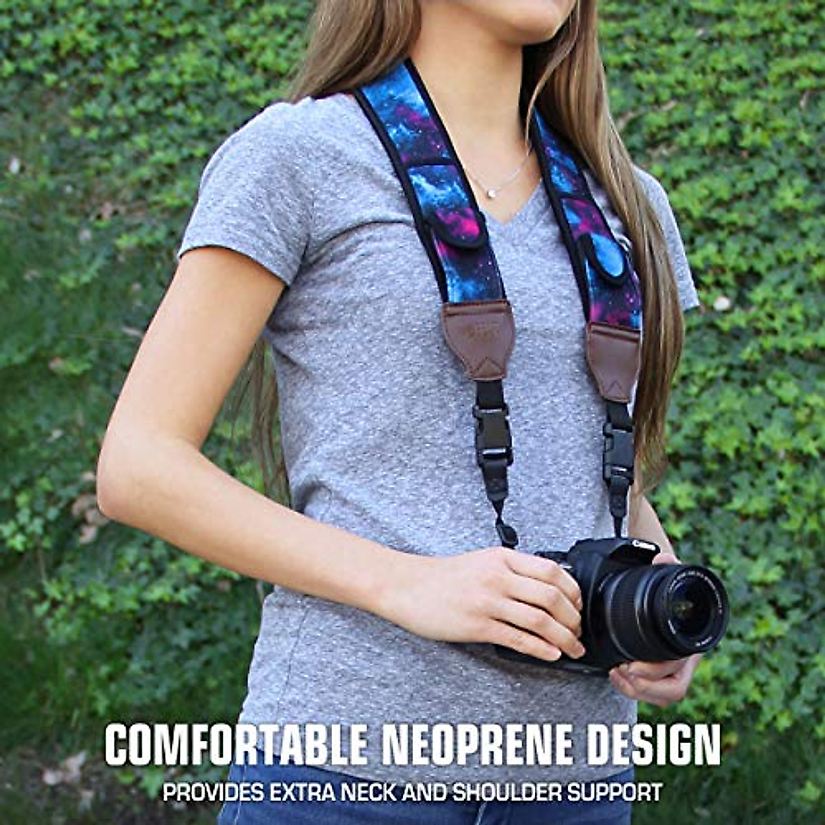 USA GEAR TrueSHOTNeck Strap Neoprene Camera Straps - Padded Camera Strap, Accessory Pocket, and Quick Release Buckles - Compatible with Canon, Nikon, Sony and More DSLR and Mirrorless Camera - Galaxy