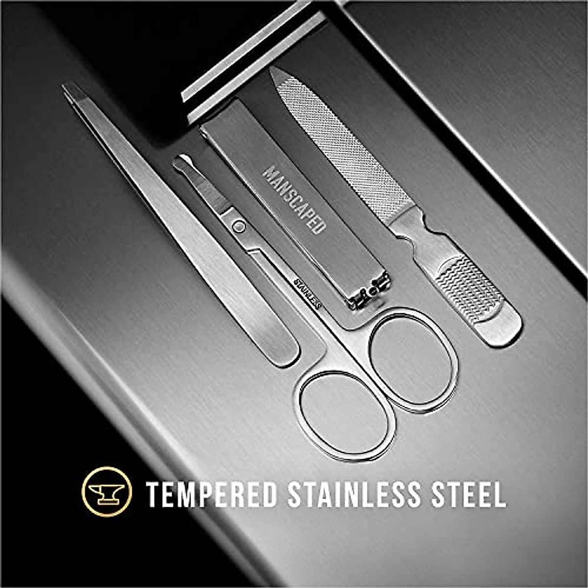 MANSCAPED® Shears 2.0 Tempered Stainless Steel Men's Nail Kit, Fingernail Clippers, Safety Scissors, Tweezers and Nail File, Travel Manicure Pedicure Set, 4-Piece Luxury Grooming Kit with Compact Case