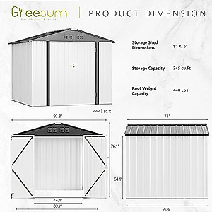 Greesum Metal Outdoor Storage Shed 8FT x 6FT, Steel Utility Tool Shed Storage House with Door & Lock, Metal Sheds Outdoor Storage for Backyard Garden Patio Lawn, White
