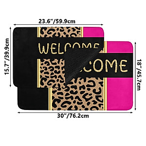 XOZOTY Personalized Doormat with Leopard Print Pink Stripe Indoor Outdoor Welcome Entrance Office Garden Kitchen Door Mat Area Rug Home Decor 30 x18 Inch