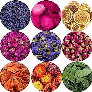 9 Bags Set Dried Flowers - Candle Making Soap Making DIY Candel Natural Flowers-Lemon,Lily,Don't Forget Me,Lavender,Mint Leaf,Rose Petal, Red Rose,Globe Amaranth,Chrysanthemum.
