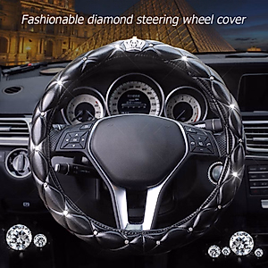 coofig Bling Crown Car Accessories Set for Women Girls,Bling Diamond Steering Wheel Cover + 2pcs Car Seat Belt Cover + Gear Shift Cover + Handbrake Cover + Button Ignition knob Car Bling Crown Decor