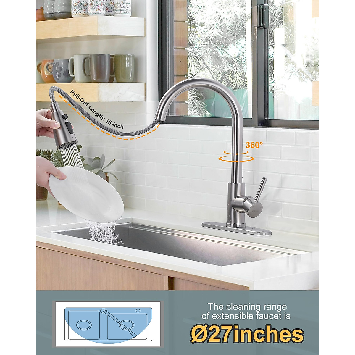 WOWOW Kitchen Faucet with Sprayer, Kitchen Sink Faucet, SUS 304 Stainless Steel, High Arc Single Handle Brushed Nickel Kitchen Faucets with Pull Down Sprayer, Pull Out Kitchen Faucet with Deck Plate