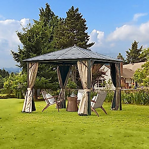 Domi 10’ x 10’ Hardtop Gazebo Canopy Outdoor Aluminum Gazebo, Galvanized Steel Single Roof with Curtains and Netting for Deck, Backyard, Patio, Garden