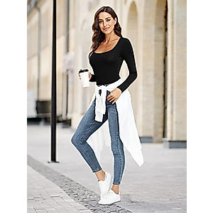 OQQ Women's 2 Piece Bodysuits Sexy Ribbed One Piece Square Neck Long Sleeve Tops Black White