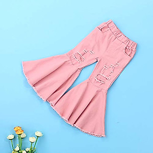 FIOMVA Toddler Baby Girls Flare Pants Solid Denim Ripped Jeans Ruffle Wide Leg Legging Trousers High Waist Bell Bottoms (C-Ripped Pink,4-5T)