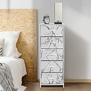 Sorbus Fabric Dresser for Bedroom - Chest of 5 Drawers, Tall Storage Tower, Clothing Organizer, for Closet, for Living Room, Steel Frame, Fabric Bins - Wood Handle (Marble White – White Frame)