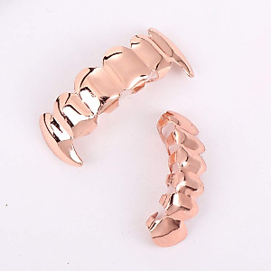PRETYZOOM Rose Gold Plated Hip Hop Tooth Grillz Cap Top and Bottom Grill Set Vampire Fangs Teeth Grillz