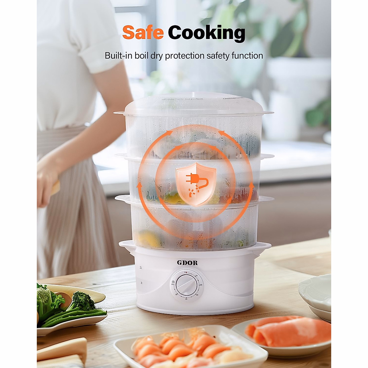 GDOR 3 Tier Electric Food Steamer for Cooking, 800W Vegetable Steamer for Fast Simultaneous Cooking, Boil Dry Protection, Dishwasher Safe, 60-Minute Timer, BPA-Free, 9.6 QT, White