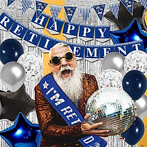 Happy Retirement Party Decorations blue - (89pack) blue party Banner, Pennant, Hanging Swirl, Foil Backdrops, balloons, Tablecloths, cupcake Topper,plates, Photo Props, retired Sash