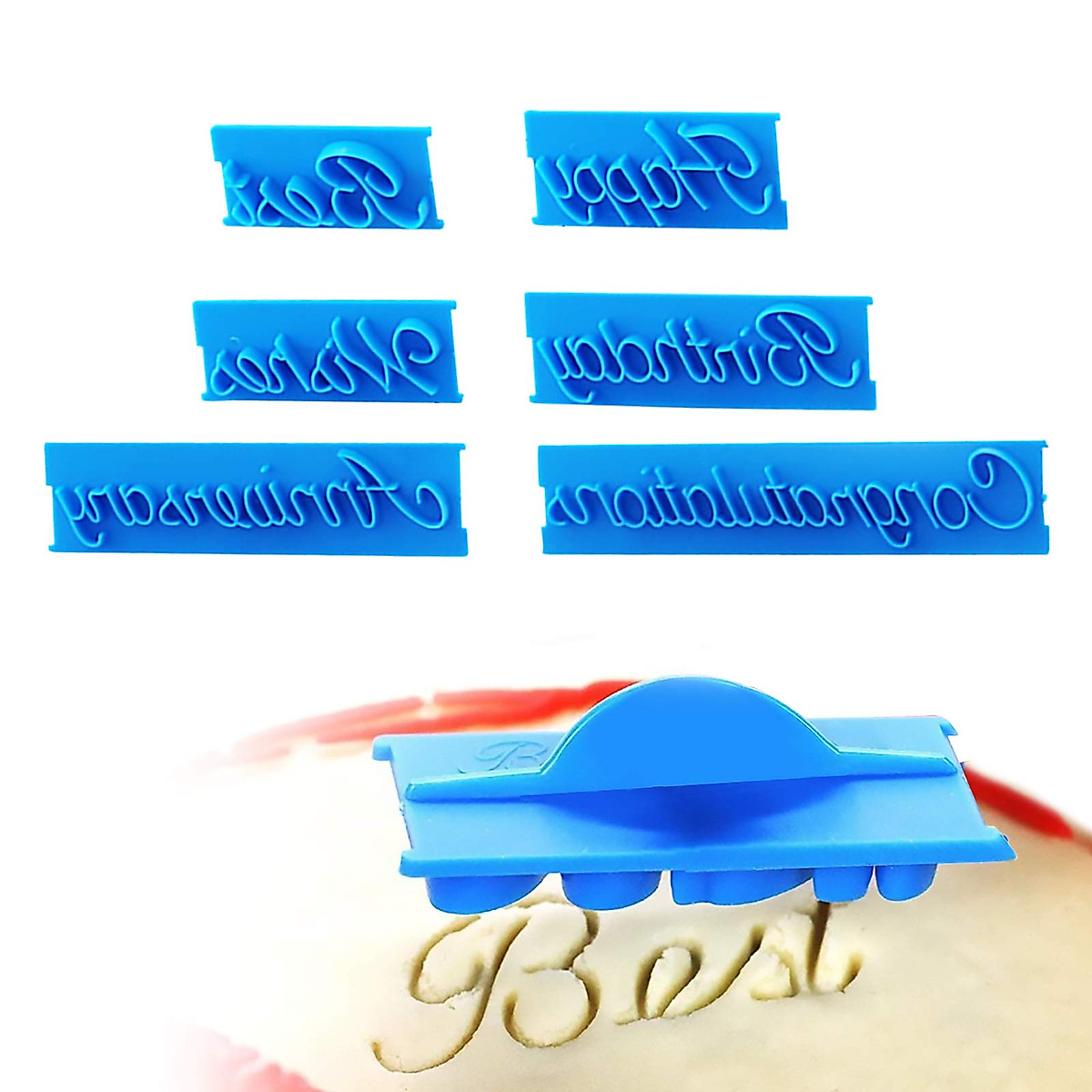 Cookie Fondant Stamper Biscuit Stamp Stamper Impression Cutter Cupcake Decorating Sugarcraft Cake Decoration Topper Happy Birthday Anniversary Best Wishes Letters Mold Fondant Letter Cutters 6PCS Set
