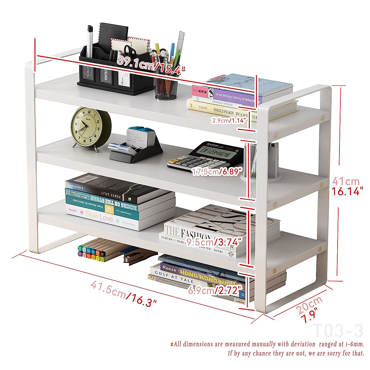 hodiczk Upgraded Small Desk Shelf Organizer with Tiers, Cute Desktop Organizer Shelf Storage, Kawai Desktop Bookshelf Hutch for Dorm, Home, School, Office (White Rack White Frame, 3 Layer)