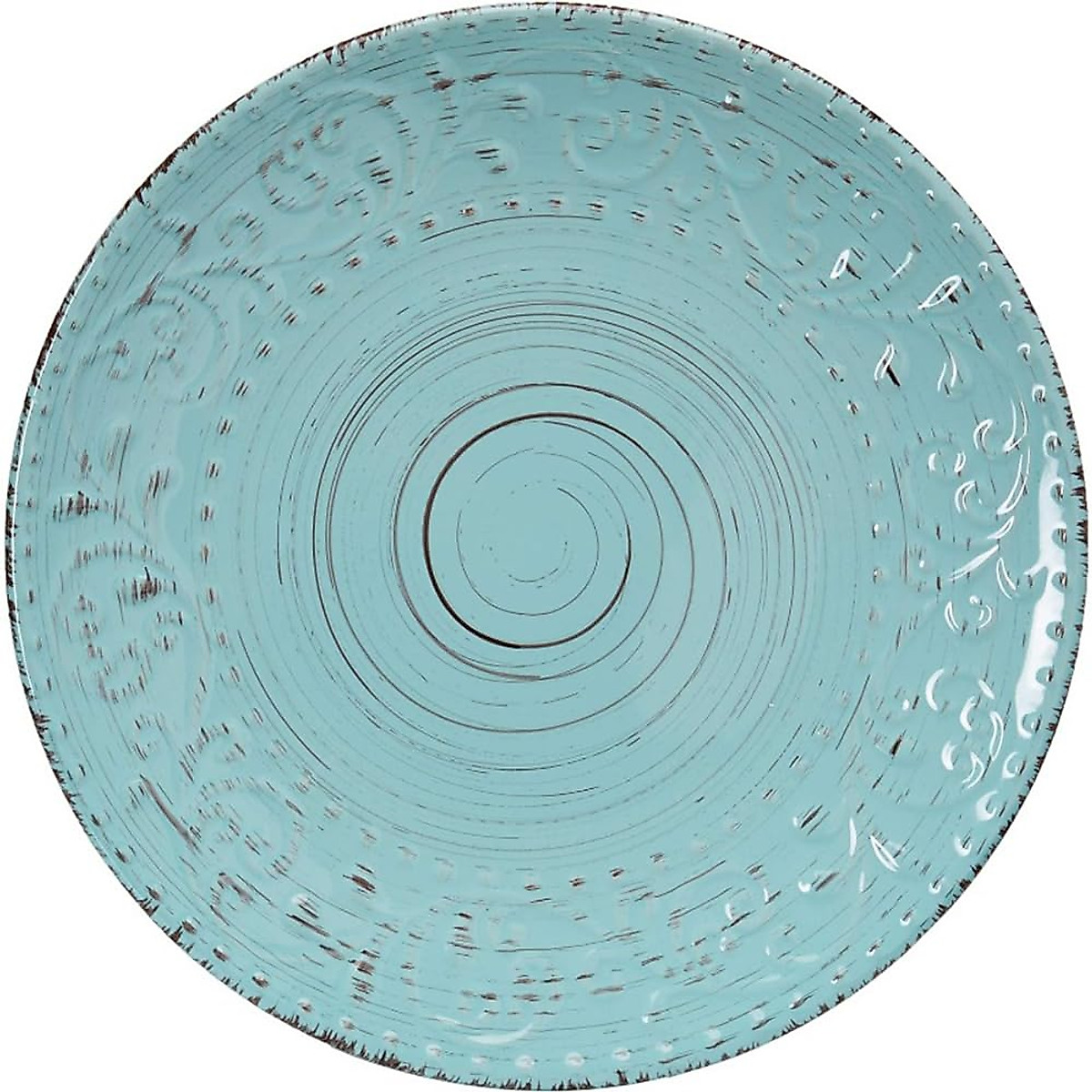 IHIPPO Round Dinnerware Sets Kitchen Utensils Set Embossed Stoneware Ocean Dinnerware Dish Set 16 Piece Turquoise Plates Stoneware Collection for Food Microwave and Dishwasher Safe Plates